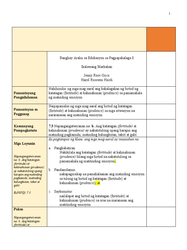 Pamantayang Pangnilalaman Pamantayan Sa Pagganap Kasanayang ...