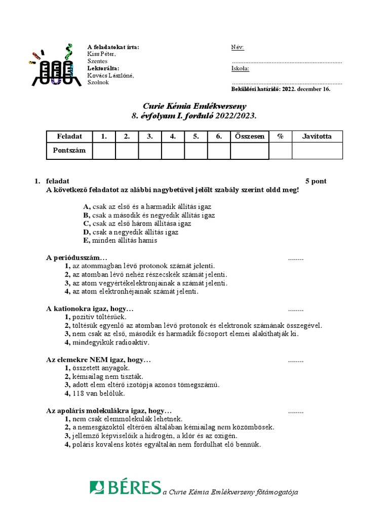 2022-23 - Kémia - 8. Oszt. - I.ford | PDF