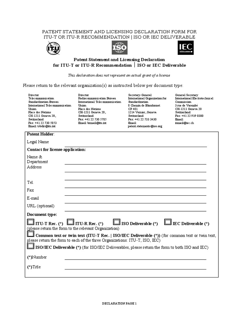 Patent Licensing Declaration Form | PDF | Patent | Itu T