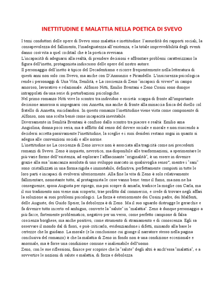 Inettitudine e Malattia Nella Poetica Di Svevo | PDF