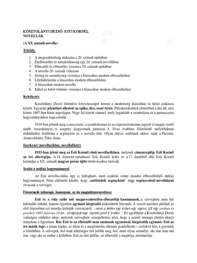 Esti Kornél Novellák Elemzése | PDF