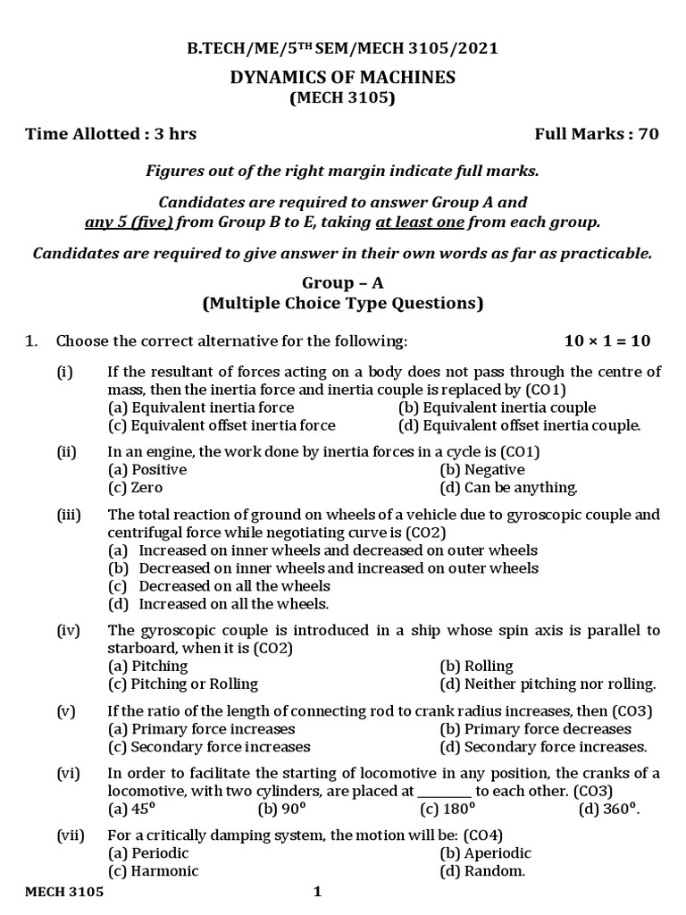 Dynamics of Machines (Mech 3105) | PDF | Torque | Oscillation