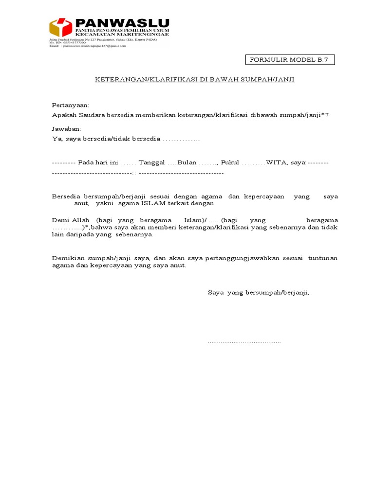 Keterangan Di Bawah Sumpah-Janji (Form B7) | PDF