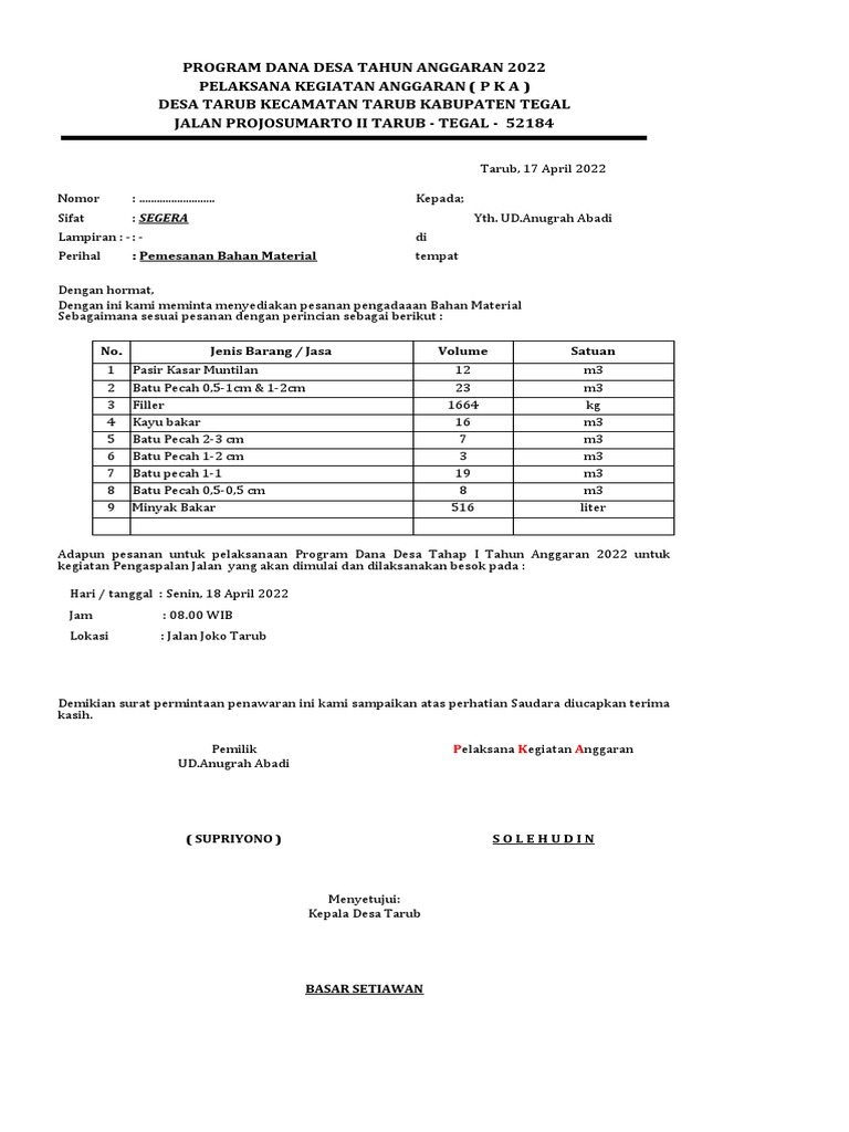Contoh Surat Pesanan Barang Desa | PDF
