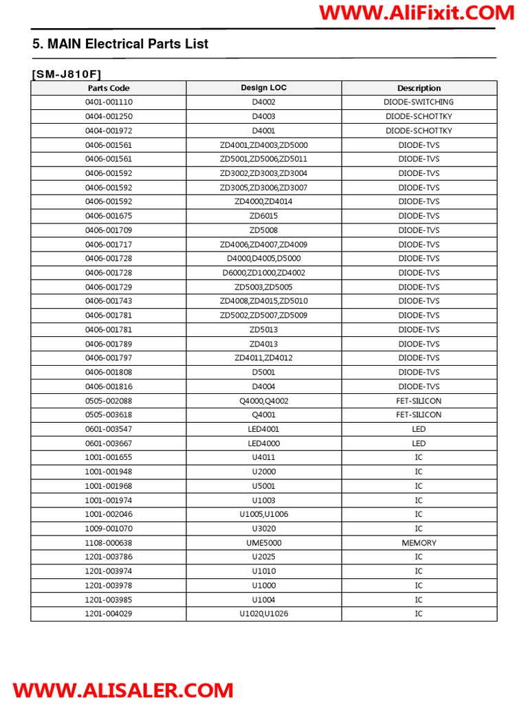 Main Electrical Parts List for SM-J810F | PDF | Integrated Circuit ...