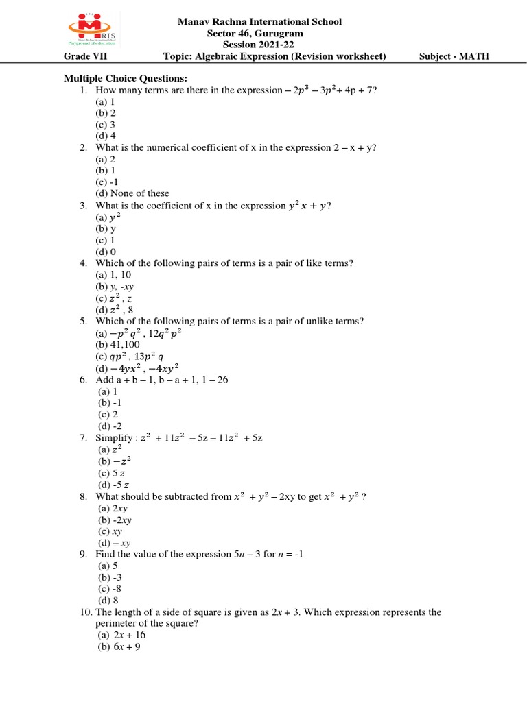 Algebraic Expressions Revision Worksheet | PDF | Polynomial | Numerical ...