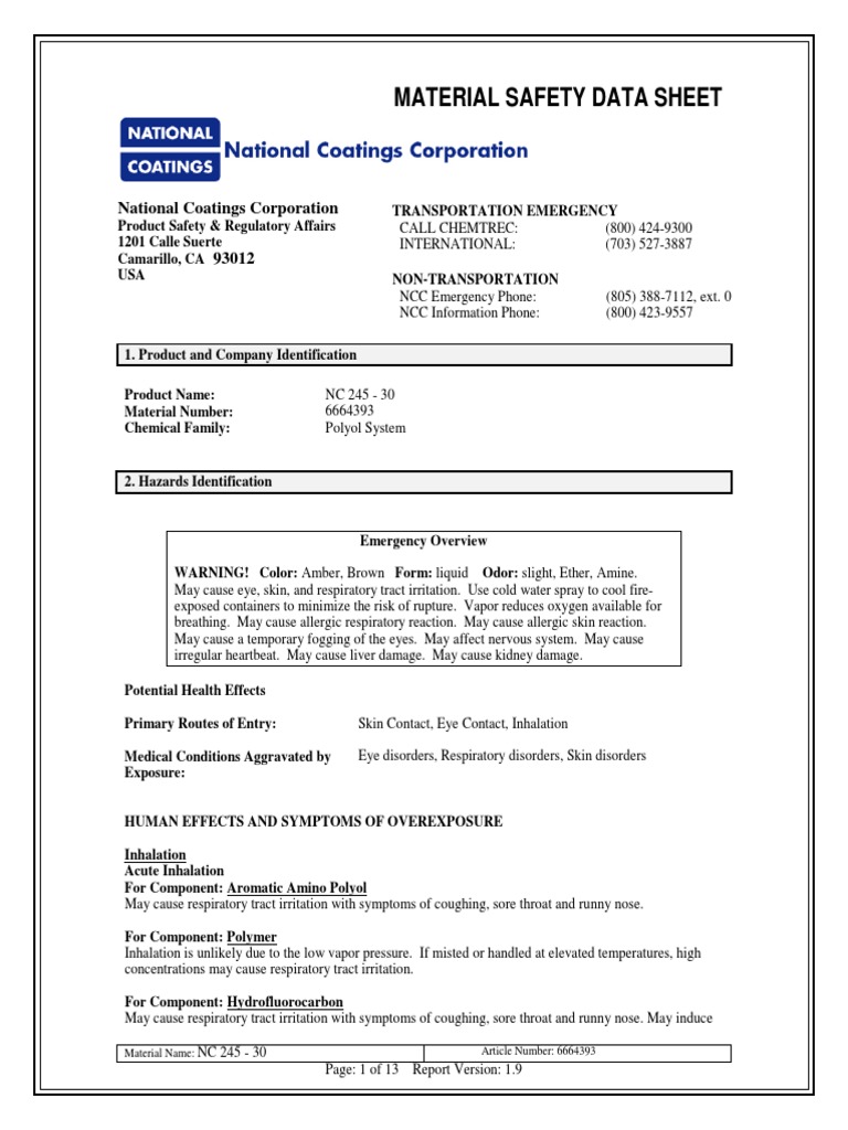 NC 245-30 Material Safety Data Sheet | PDF | Toxicity | Hazardous Waste