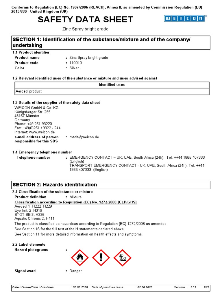 Weicon Zinc Spray 110010 MSDS | PDF | Occupational Safety And Health ...