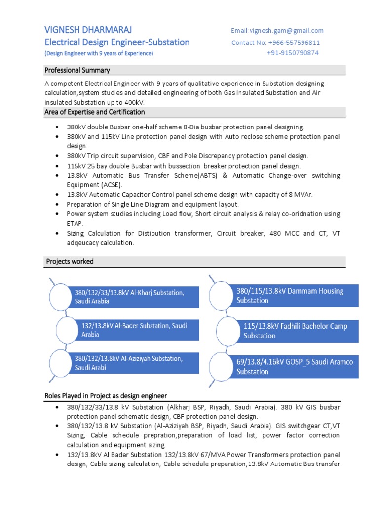 CV - Electrical Engineer-Design-Vignesh | PDF | Electrical Substation | Electromagnetism