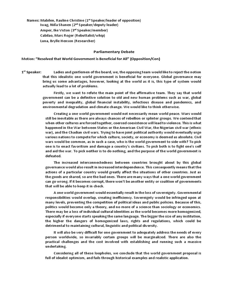Parliamentary Debate "Resolved That World Government Is Beneficial For All" (Opp Script) | PDF ...