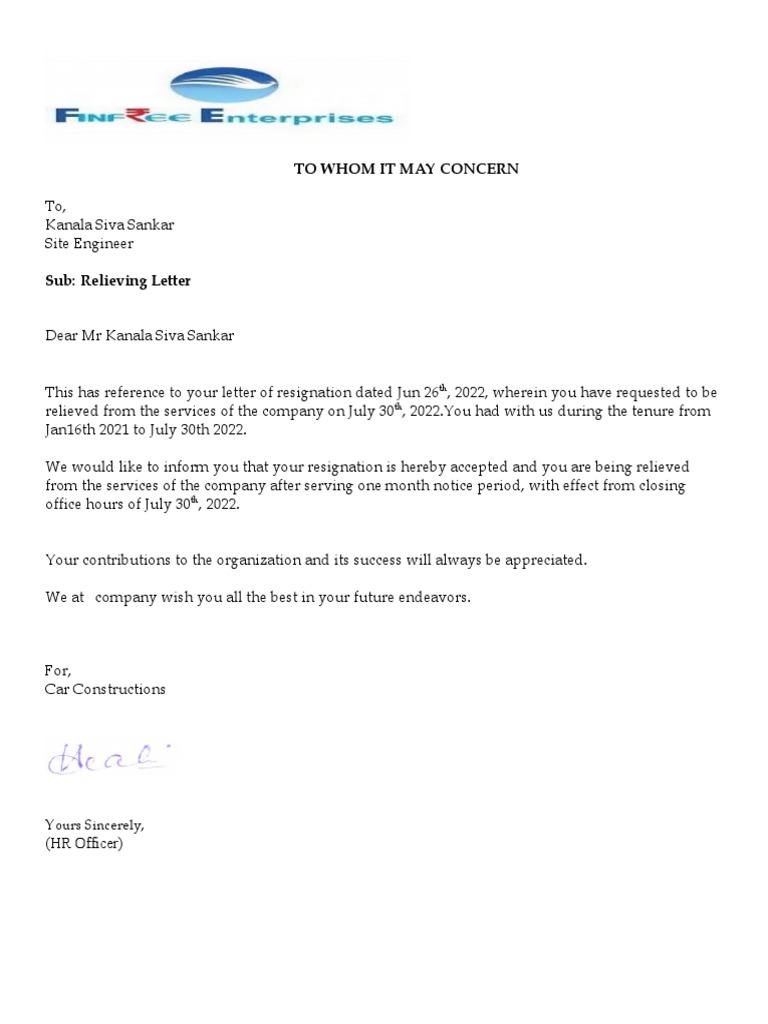 Relieving Letter Format | PDF | Business