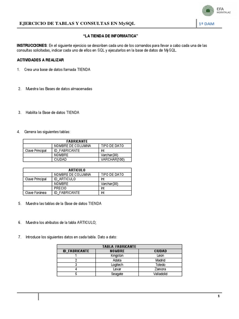 Ejercicio práctico de creación y manipulación de tablas y consultas SQL en MySQL | PDF | Bases ...