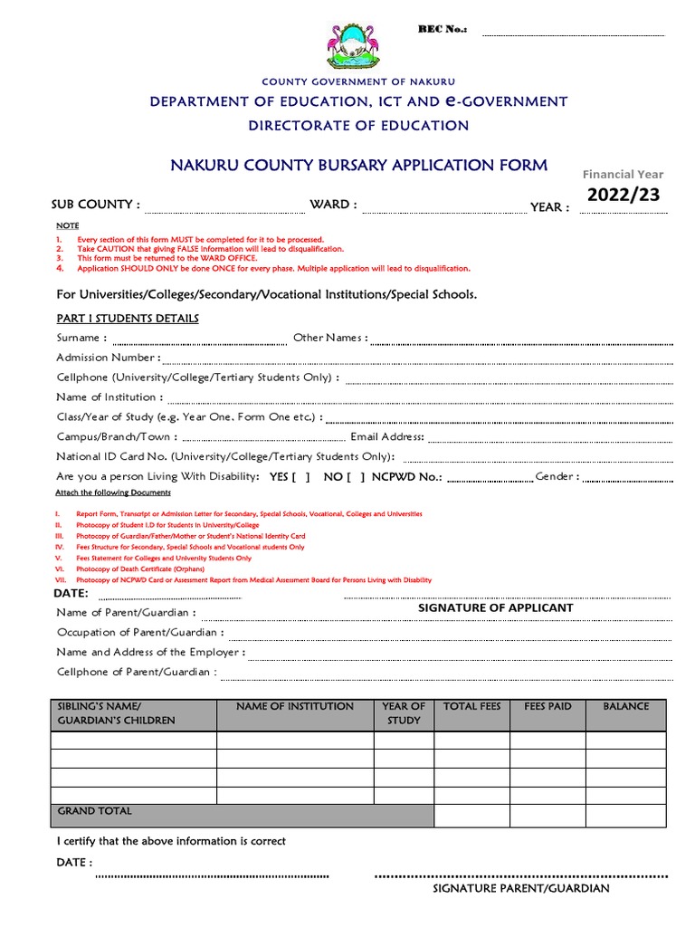 Nakuru County Bursary Application Form | PDF | Identity Document