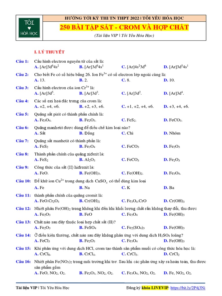 250 Câu Sắt - Crom Và Hợp Chất - Tyhh | PDF