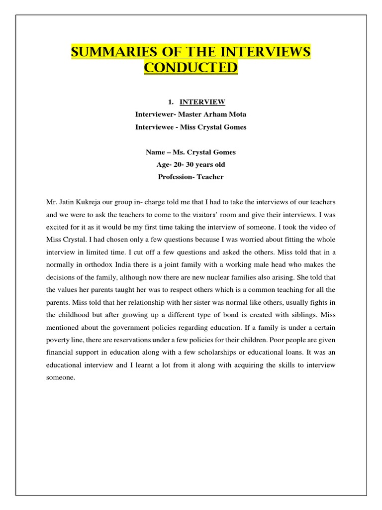 Summaries of The Interviews Conducted | PDF | Interview | Sibling
