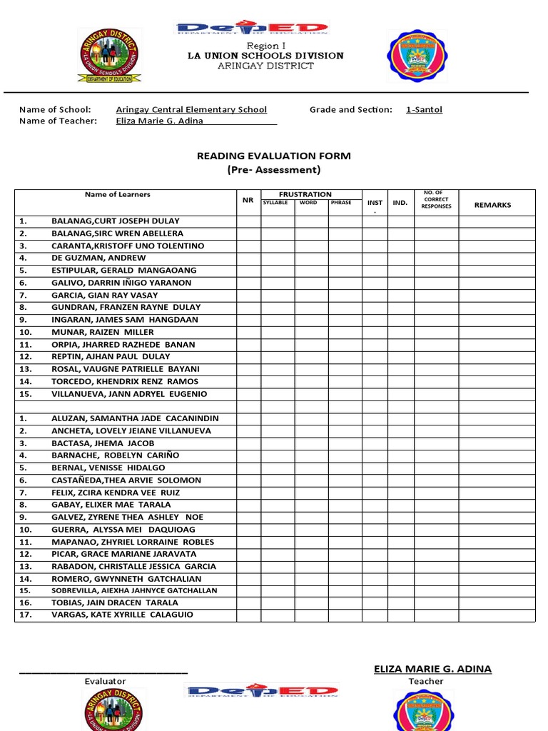 Reading and Mathematics Evaluation Form | PDF