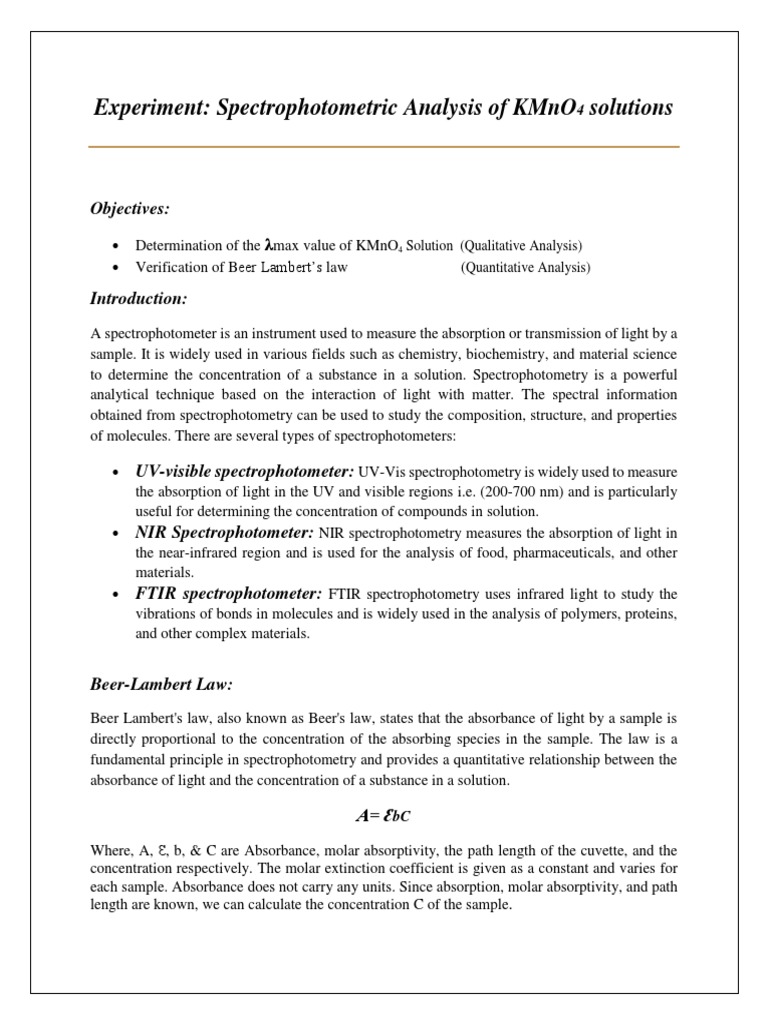 KMnO4 Spectrophotometric Analysis | PDF | Spectrophotometry ...