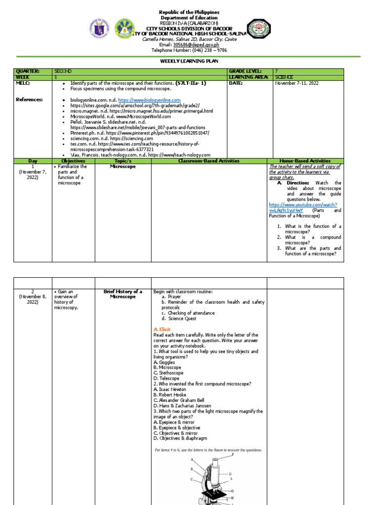 Weekly Learning Plan for Identifying Parts and Functions of a ...