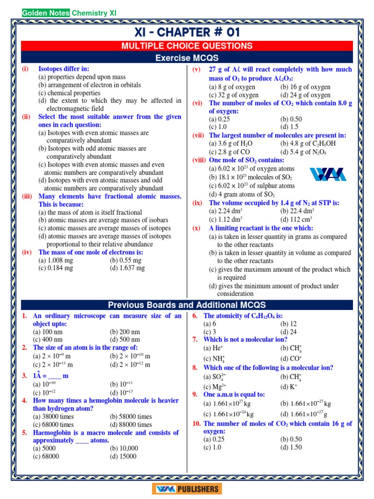 CH# 1 XI (Chem 11 Exam Task) | PDF | Stoichiometry | Mole (Unit)