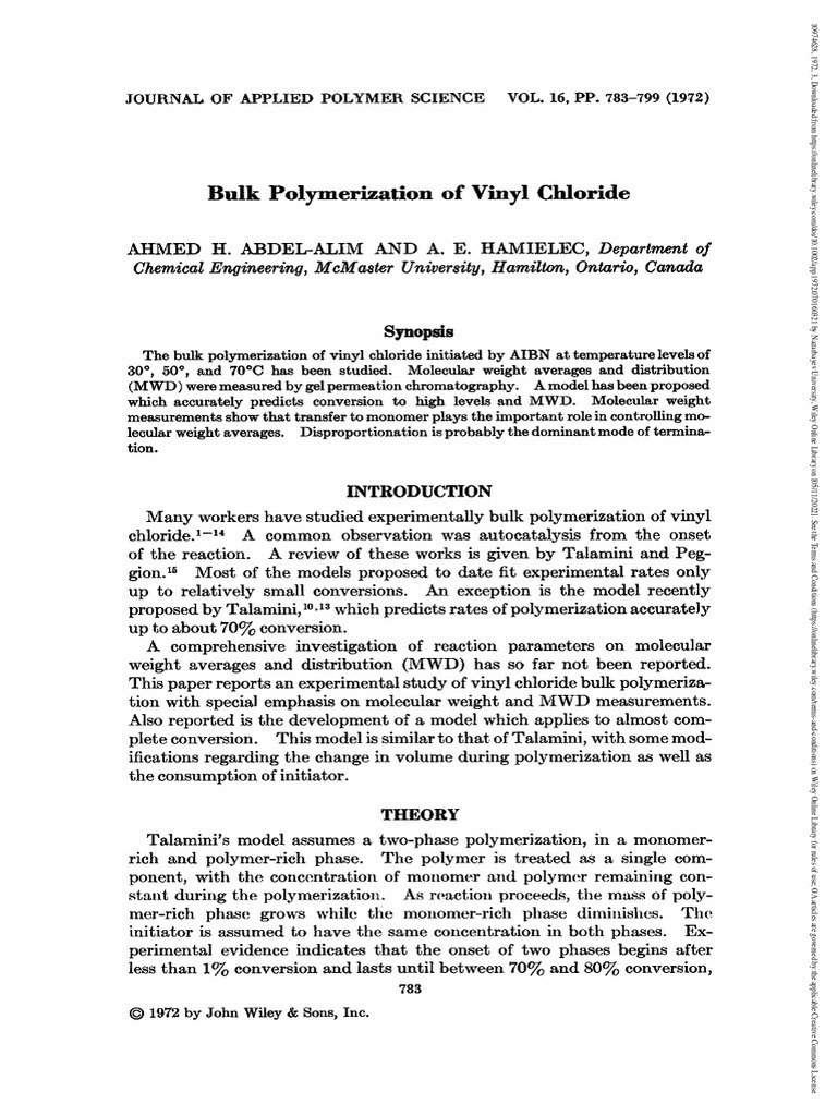 Vinyl Chloride Bulk Polymerization Study | PDF | Activation Energy ...