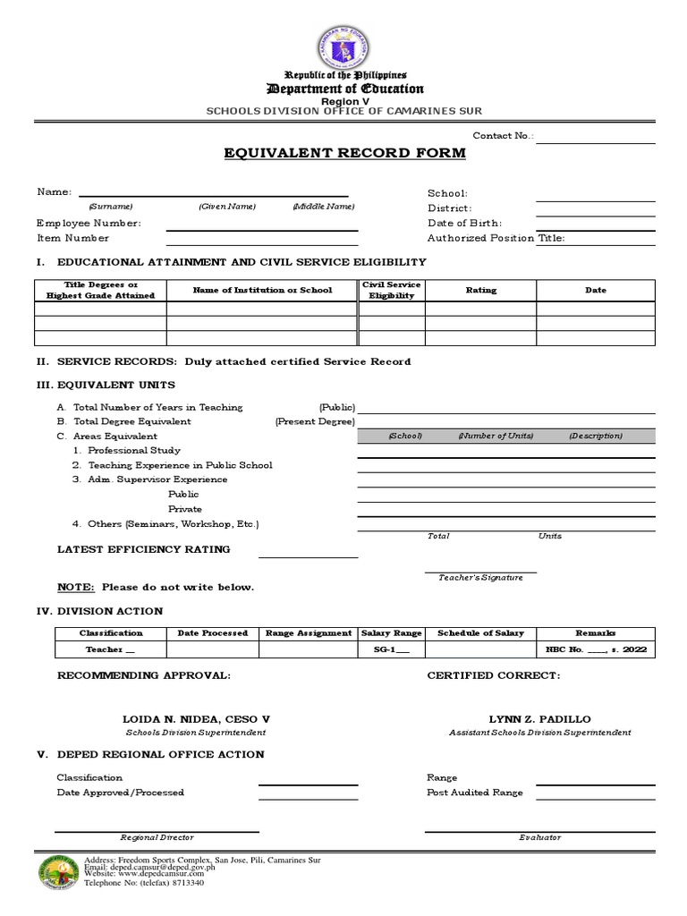 Equivalent Record Form for Determining Classification and Salary Grade ...