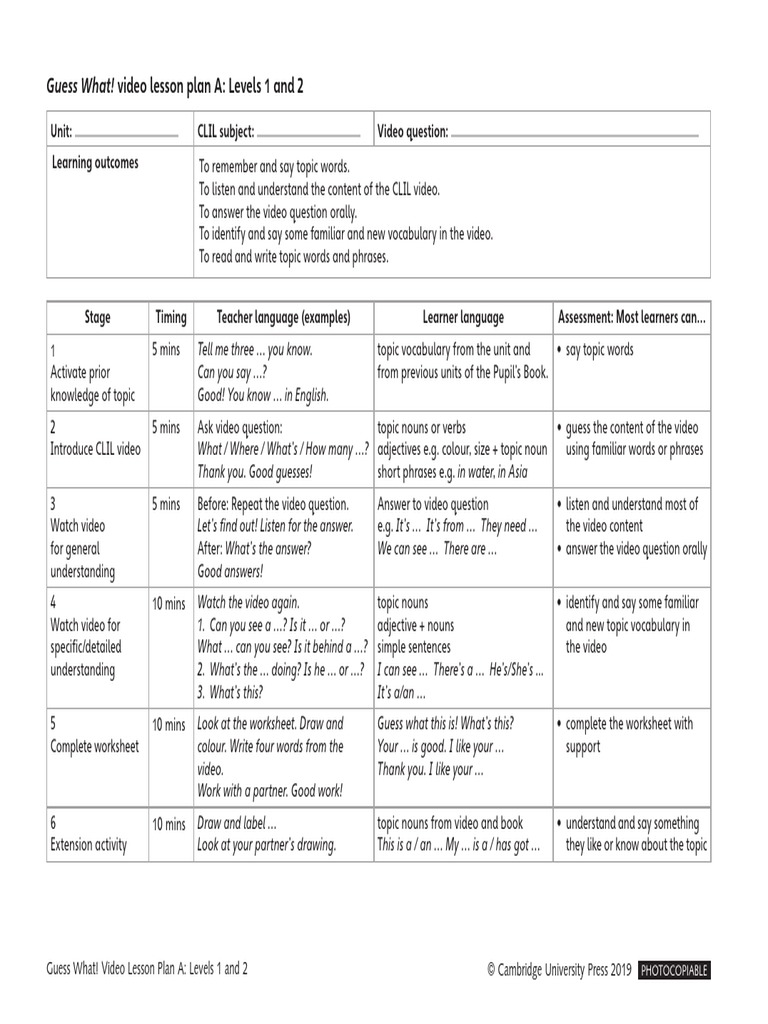 Guess What British English GW L1 2 Video Lesson Plan Lesson Plan | PDF ...