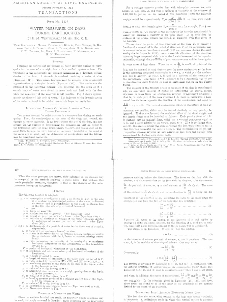 Westergaard-Water-Presures On Dams During Earthquakes | PDF