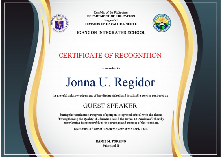 Certificate of Recognition For Guest Speaker 2021 | PDF