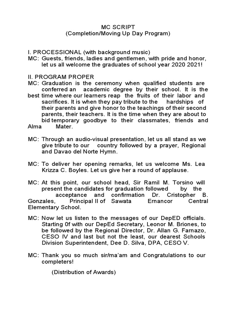 Graduation Ceremony MC Script | PDF