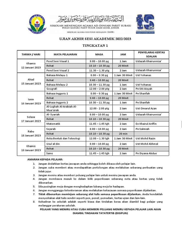 Jadual Ujian Akhir Sesi Akademik Ting 1 | PDF