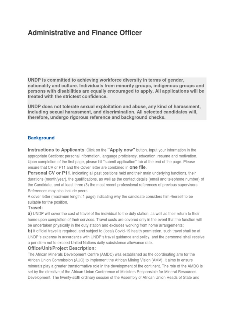 UNDP Admin & Finance Officer Role | PDF | African Union | Business