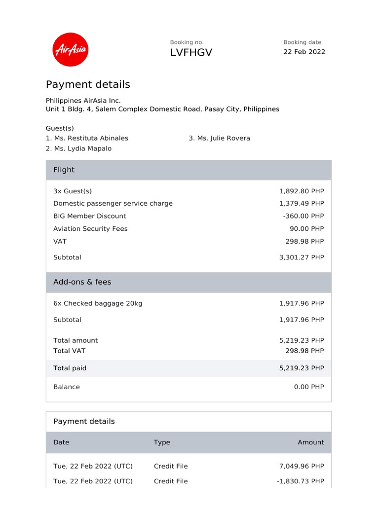 Book flight receipt Philippines AirAsia | PDF