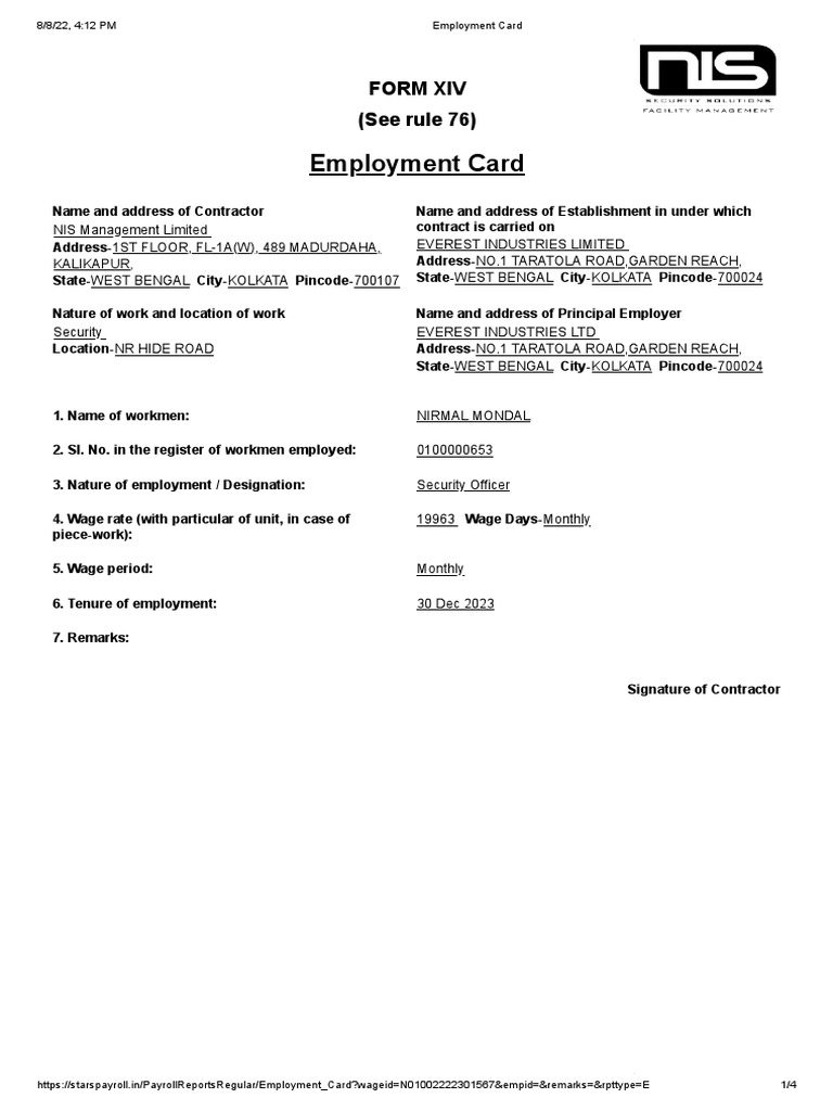 Employment Card-24575 | PDF | Employment | Piece Work