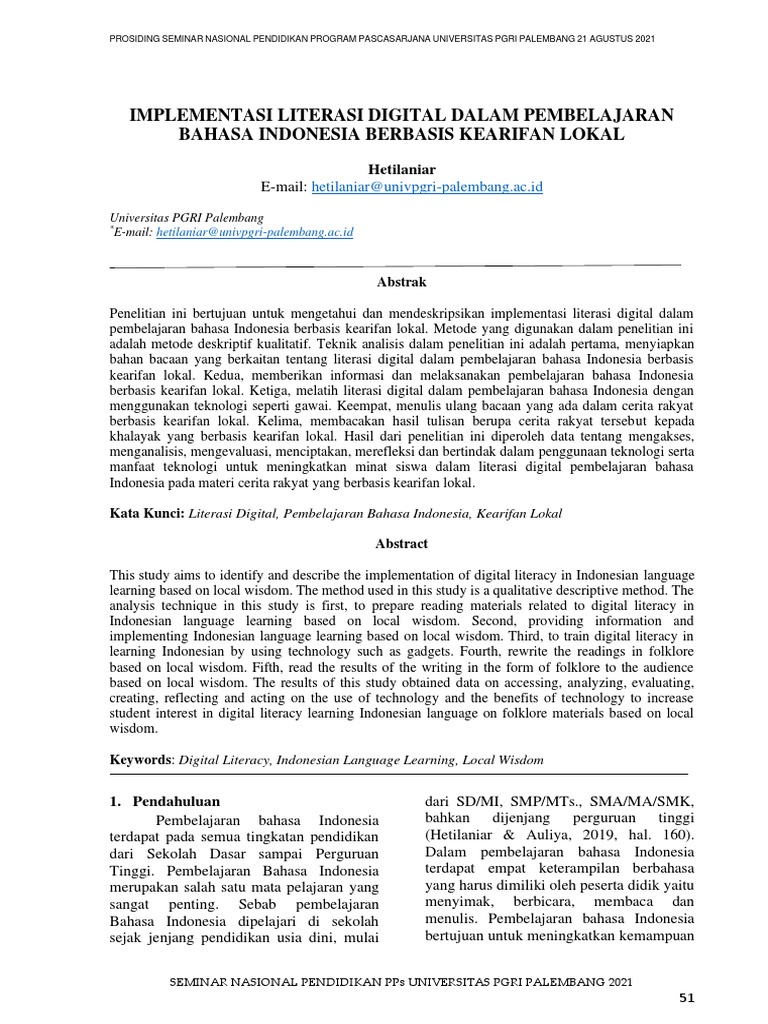 IMPLEMENTASI LITERASI DIGITAL DALAM PEMBELAJARAN BAHASA INDONESIA BERBASIS KEARIFAN LOKAl | PDF