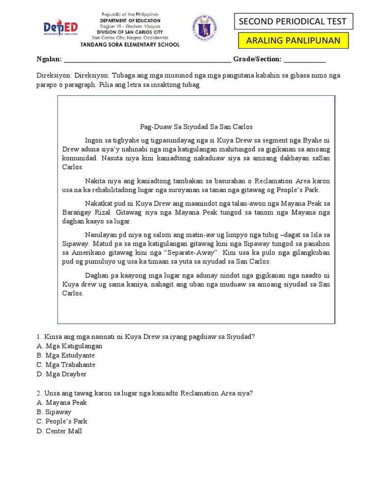 Araling Panlipunan Grade 2 Periodical Test With TOS | PDF