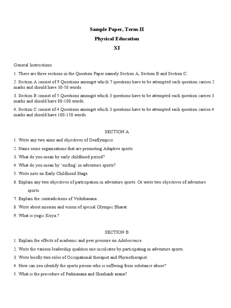 PE Sample Paper Term-II 21-22 | PDF
