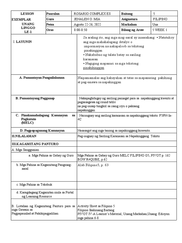 FILIPINO5 - LE - Week 1 - Q2 | PDF
