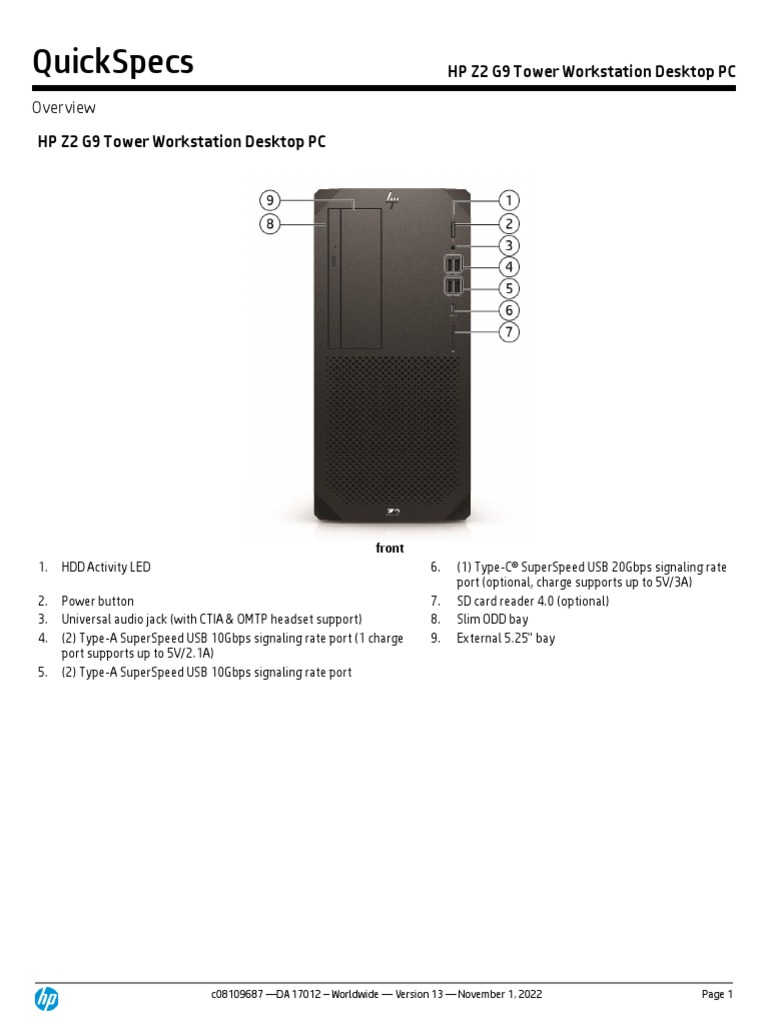 Quickspecs: HP Z2 G9 Tower Workstation Desktop PC | PDF | Usb | Microsoft Windows