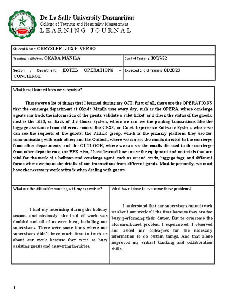 Practicum Learning Journal - During OJT - VERBO | PDF