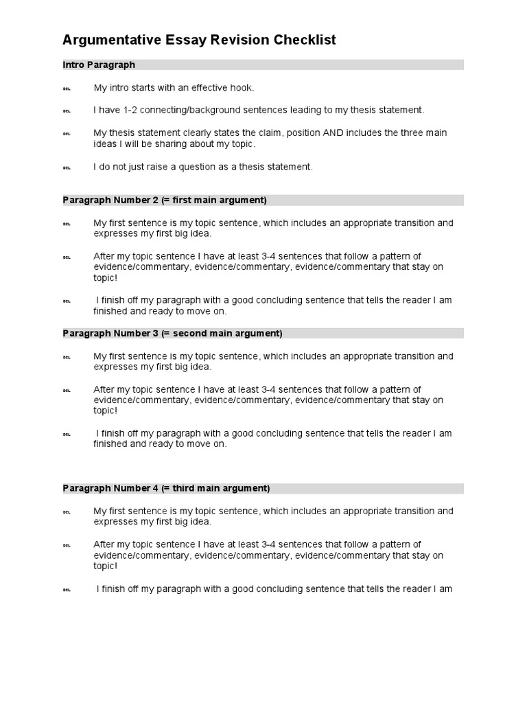 Argumentative Essay Revision Checklist | PDF | Punctuation | Essays