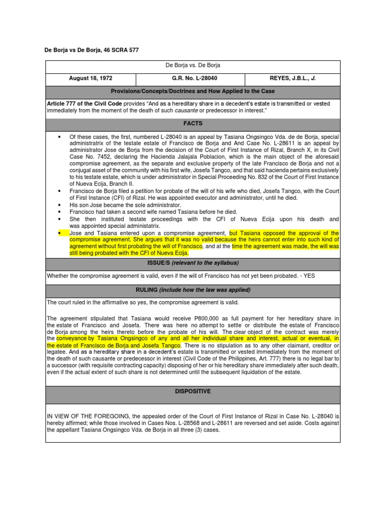 De Borja Vs de Borja, 46 SCRA 577 | PDF | Probate | Civil Law (Legal System)