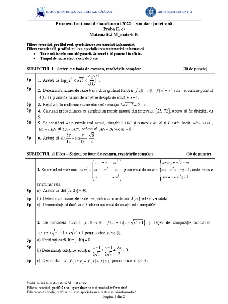 Calarasi - SIMULARE BACALAUREAT MATEMATICA 2022 - MATE INFO | PDF