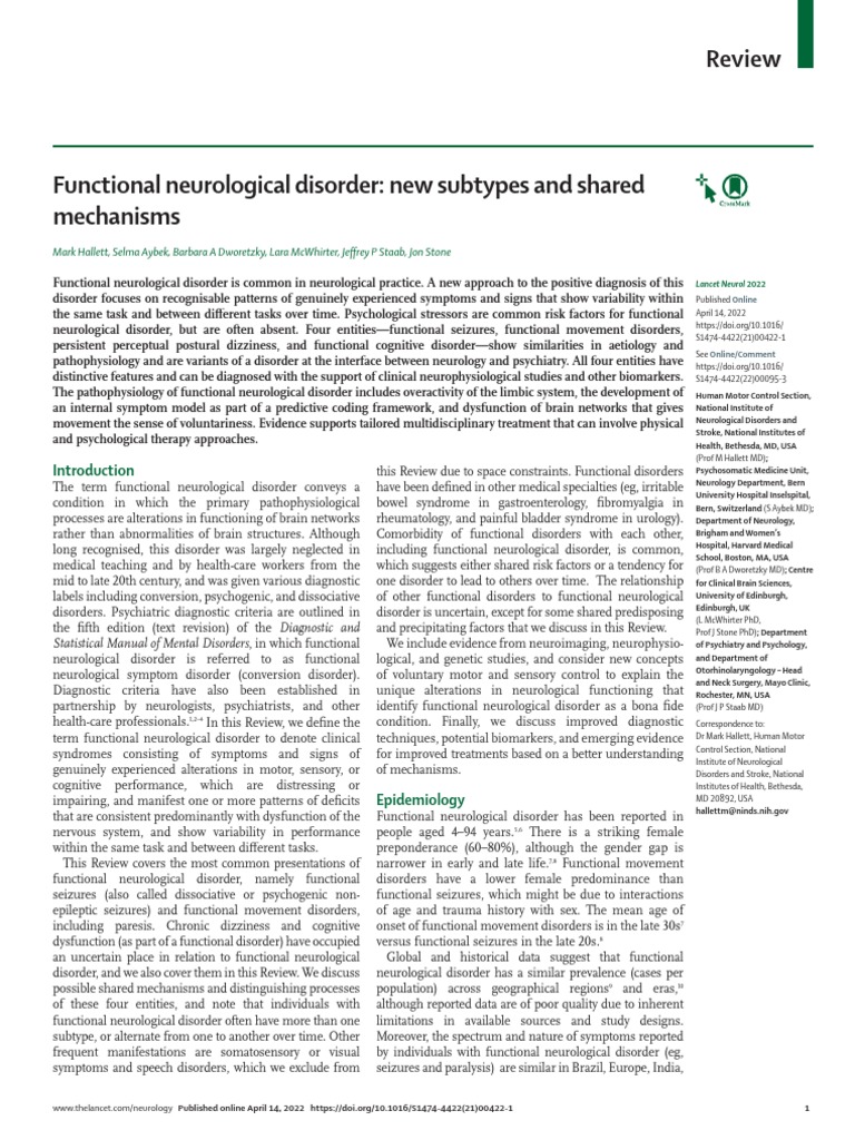 Functional Neurological Disorder - New Subtypes and Shared Mechanisms ...