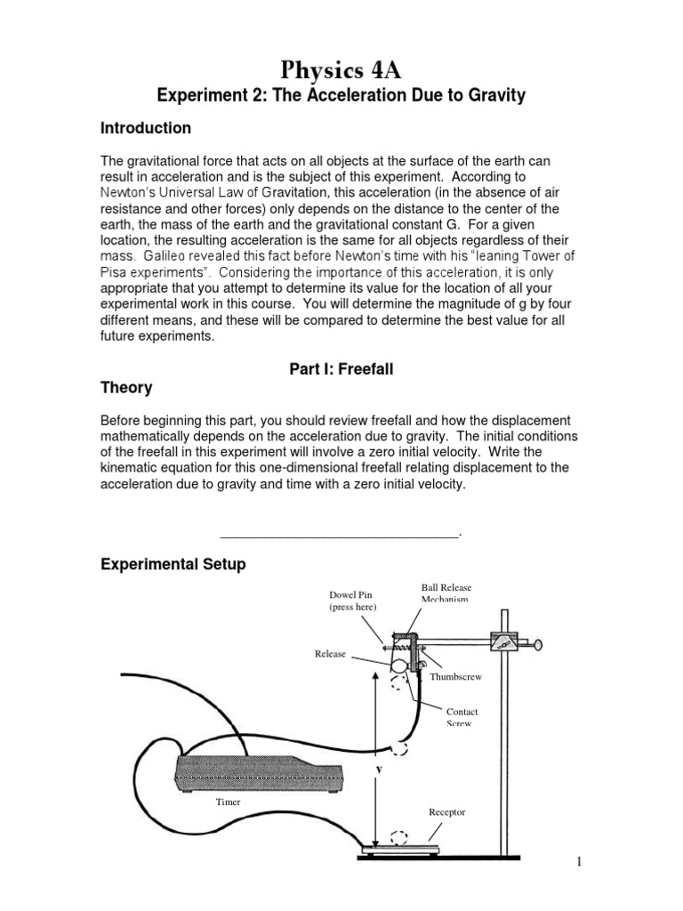 Physics 4A: Experiment 2: The Acceleration Due To Gravity | PDF ...