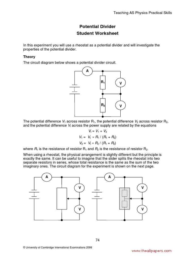Potential Divider Student Worksheet: Theory | PDF | Voltage | Resistor