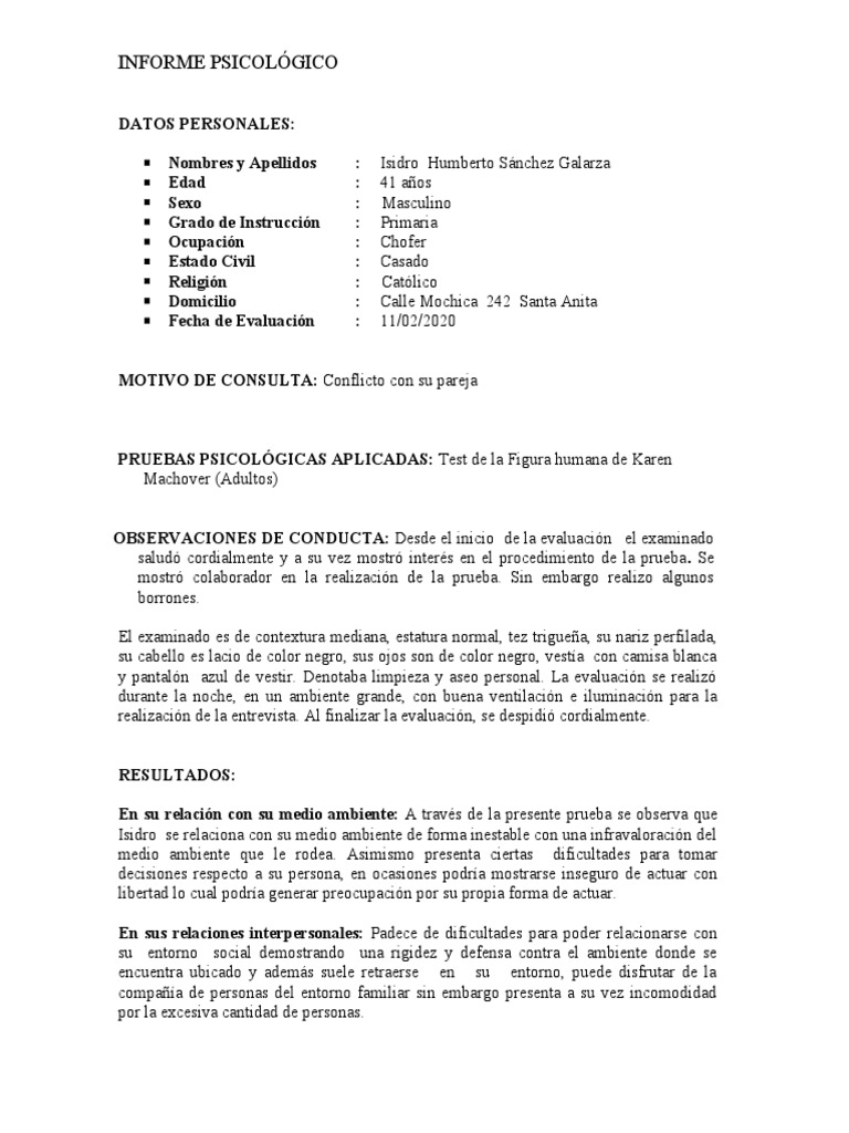 INFORME PSICOLÓGICO Caso Nro 1 | PDF | Sicología | Las emociones