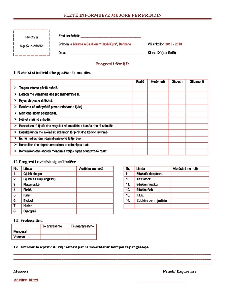 FLET+ï INFORMUESE MUJORE P+ïR PRINDIN - Klasa 9 | PDF