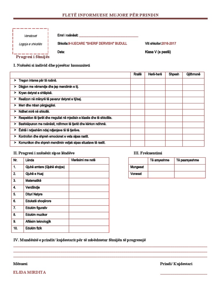 FLET+ï INFORMUESE MUJORE P+ïR PRINDIN - Klasa 5 | PDF