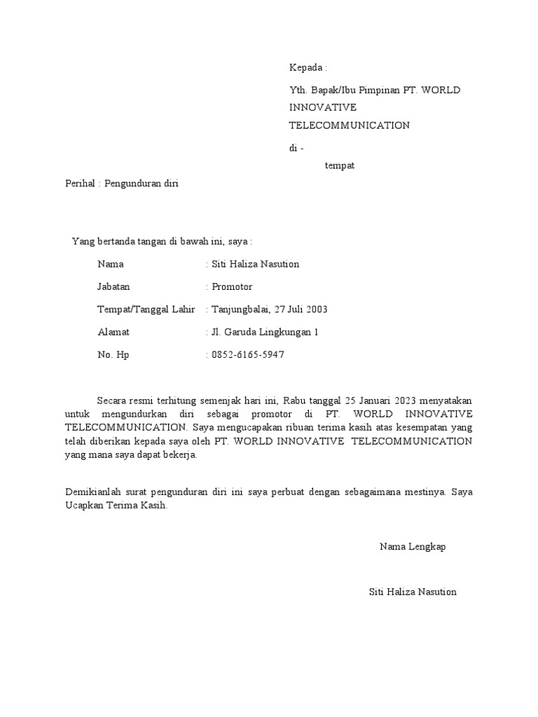 Format Surat Pengunduran Diri | PDF