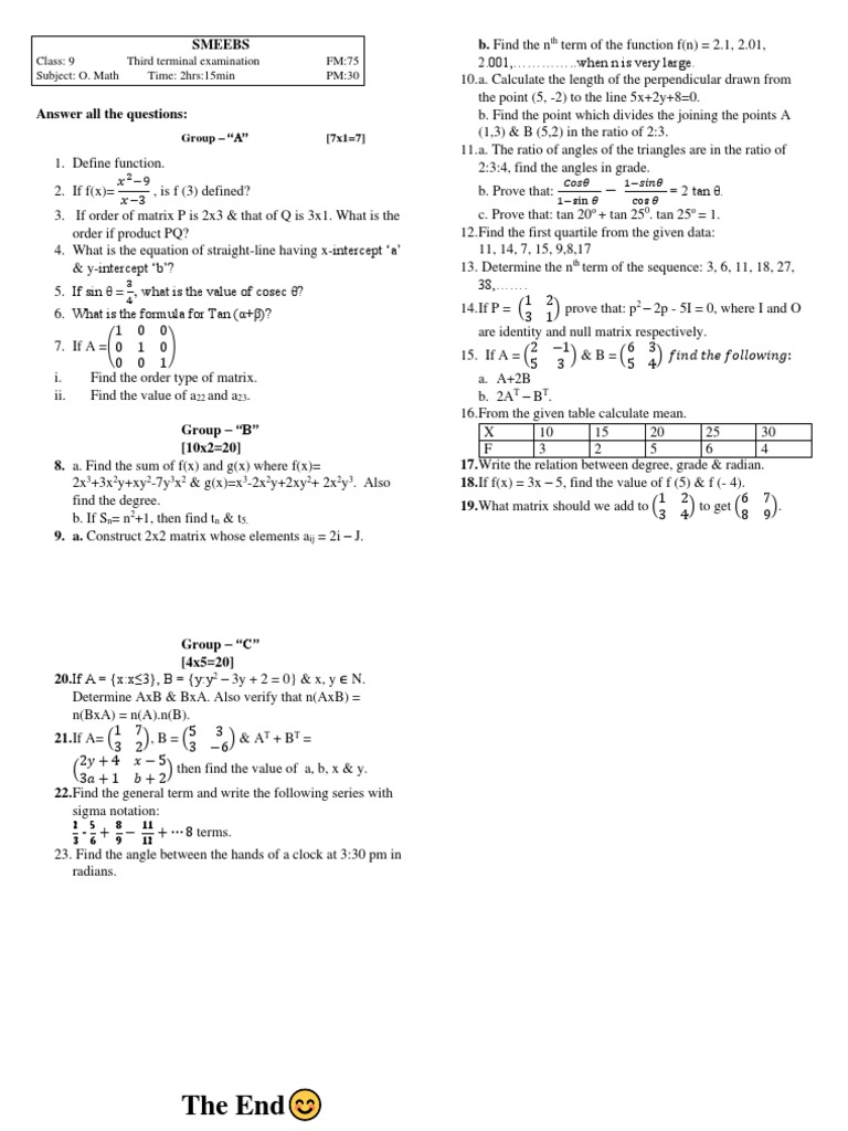 Ooptional Maths Class 9 | PDF | Algebra | Mathematical Concepts